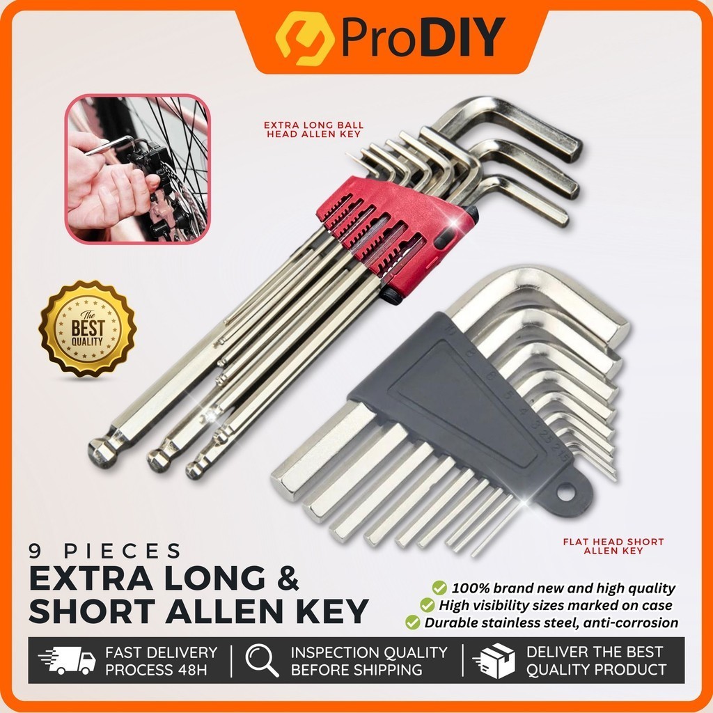 9pcs Extra Long L-Shaped Ball Point Short Flat Head Allen Key Set Hex ...
