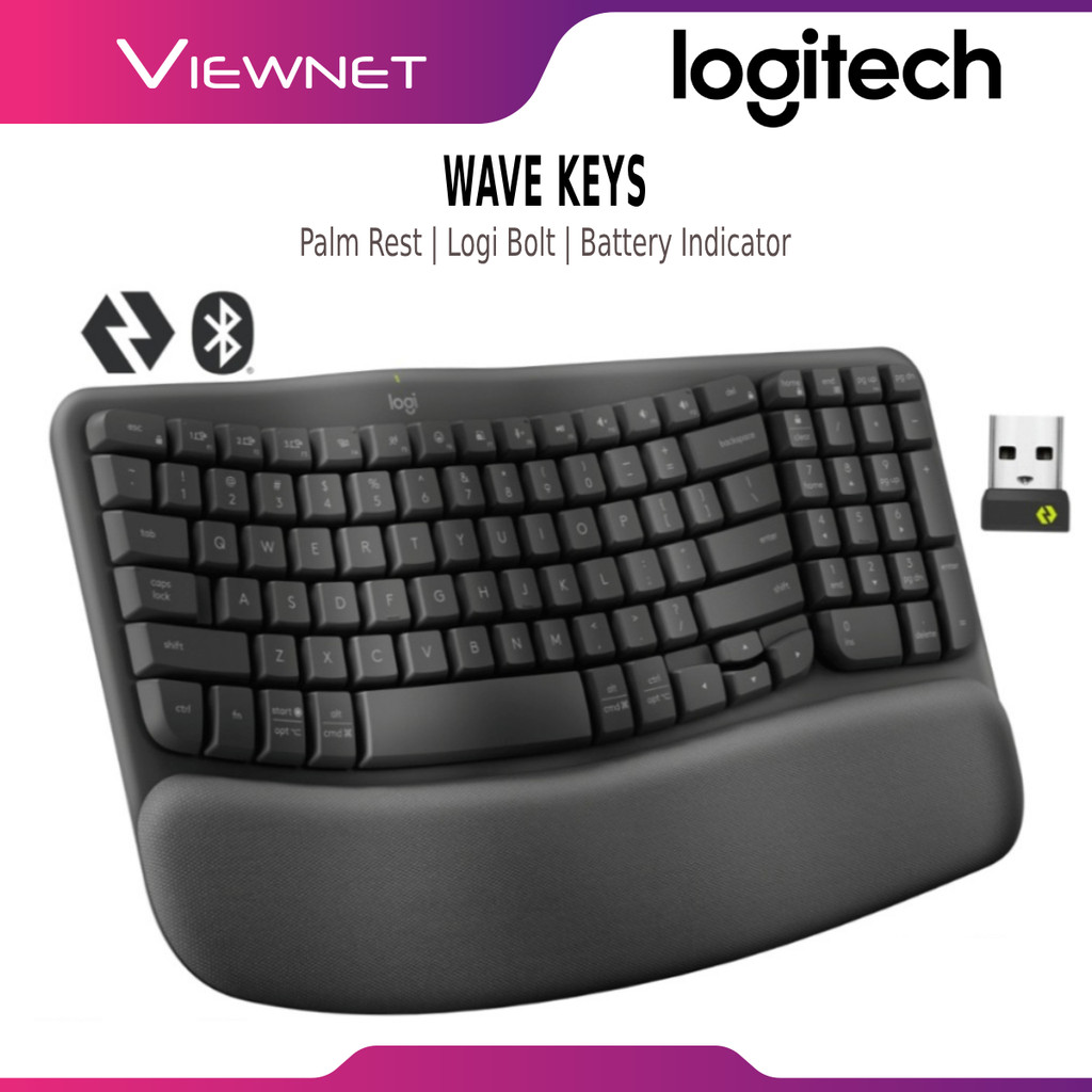 LOGITECH WAVE KEYS WIRELESS BLUETOOTH ERGONOMIC KEYBOARD PALM REST ...