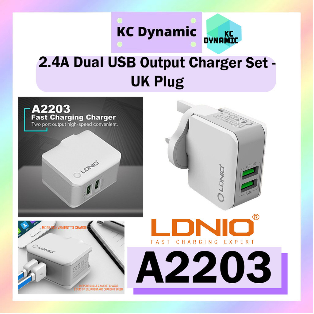 LDNIO A2203 2.4A Dual USB Output Port Auto ID USB Charger UK 3 pin Plug ...