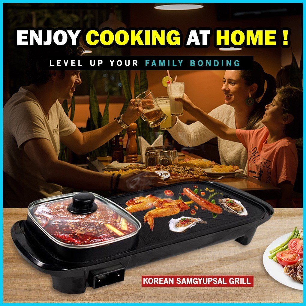 2in1 Electric Barbecue Grill Pan with Hotpot Cooking Machine Korean ...