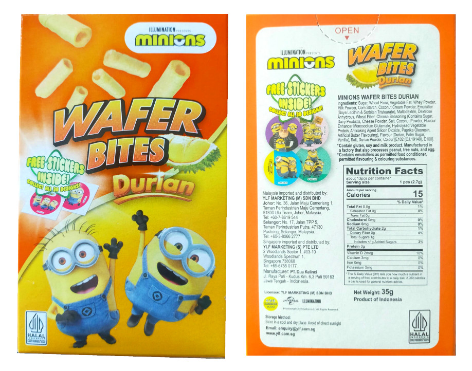 [FREE STICKERS INSIDE] Minions Wafer Bites (Chocolate / Durian) 35g ...