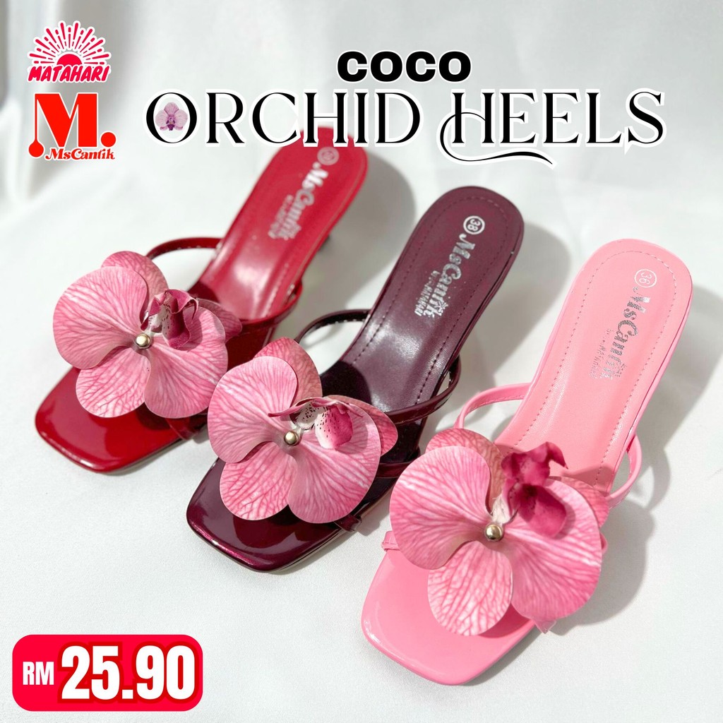 MATAHARI MS CANTIK Coco Orchid Heels Slip-On square head Women Flower ...