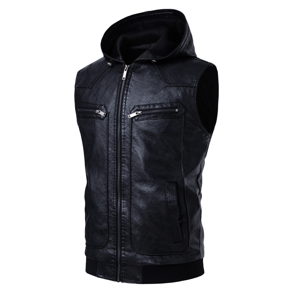 New Hooded Men's Leather Vest Casual Men's Leather Vest Motorcycle Suit ...