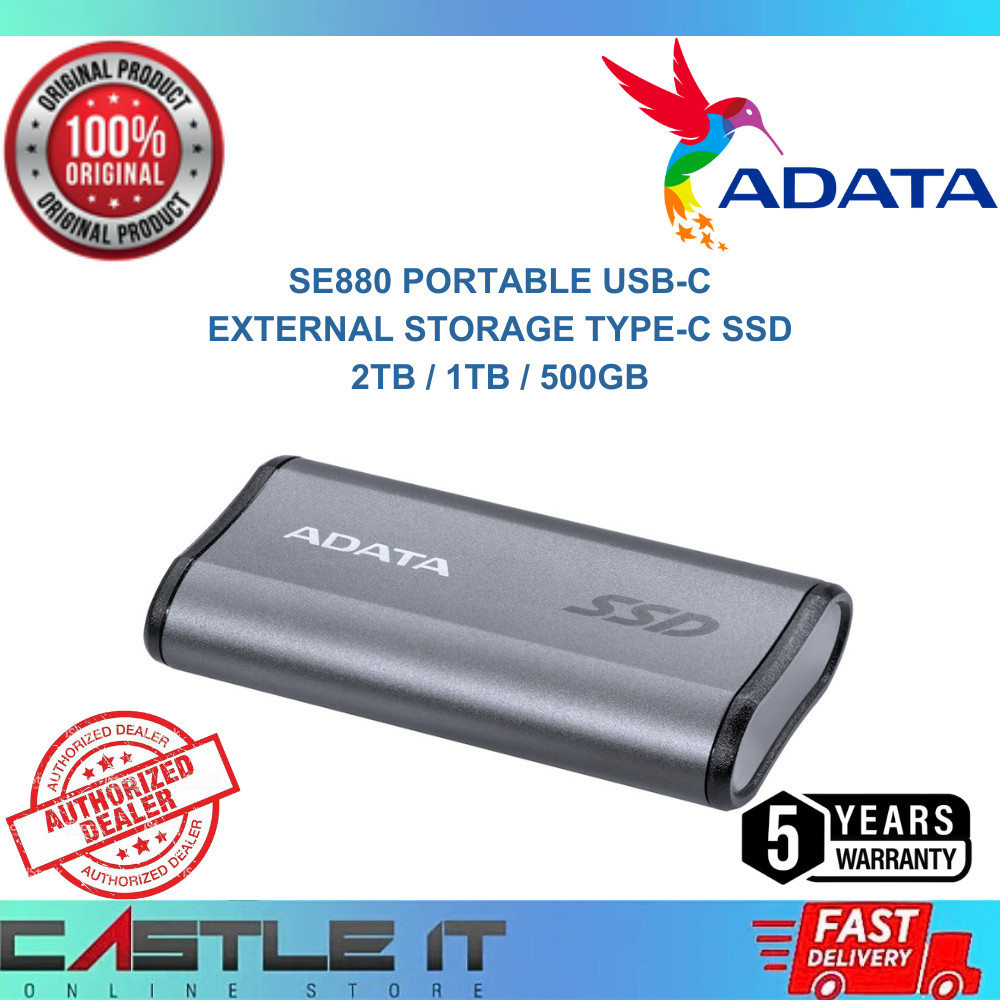 Adata SE880 2TB / 1TB / 500GB Portable USB-C External Storage Type-C SSD ADT-AELISE880500GCGY ...