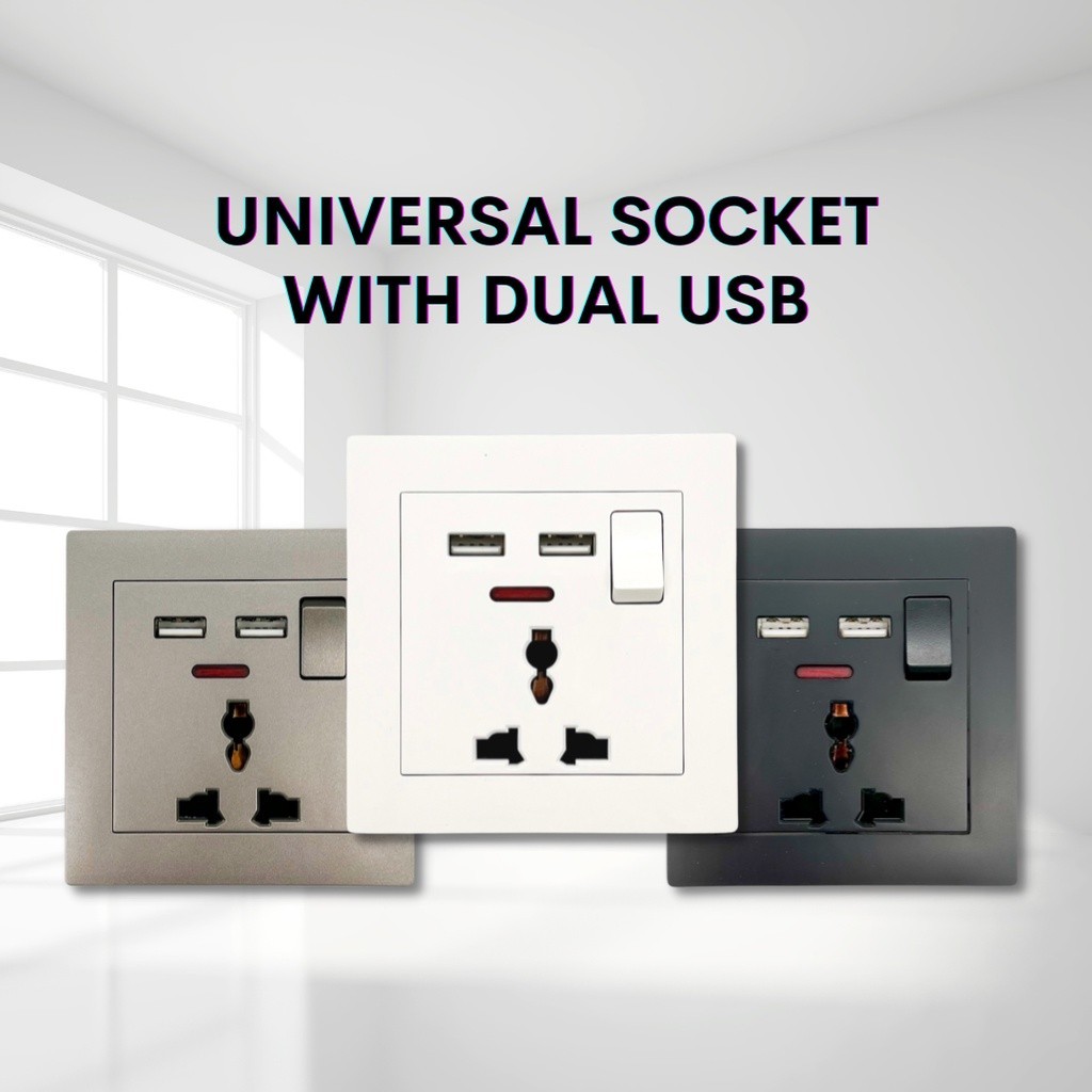Eurosafe Multi Wall Switch Socket c/w 2 USB White / Silver / Black ...
