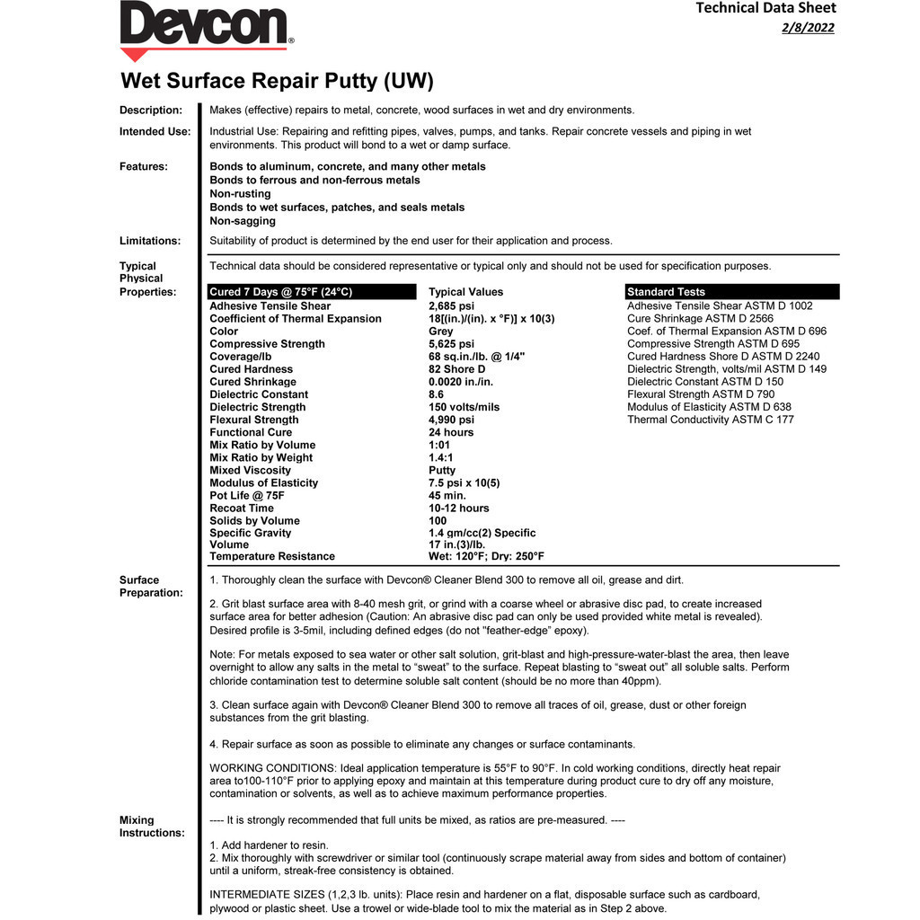 Devcon 11800 Wet Surface Repair Putty 1LB Underwater Epoxy Resin Repair Malaysia Supplier ...