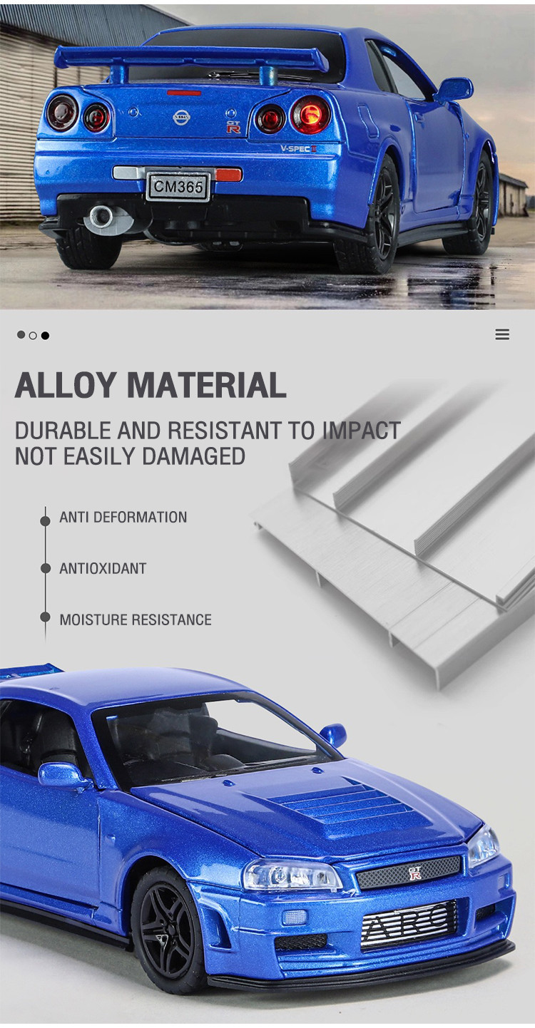 KLT 1:32 Nissan GTR R34 Metal Alloy Toys Car Model Diecast Vehicle For ...