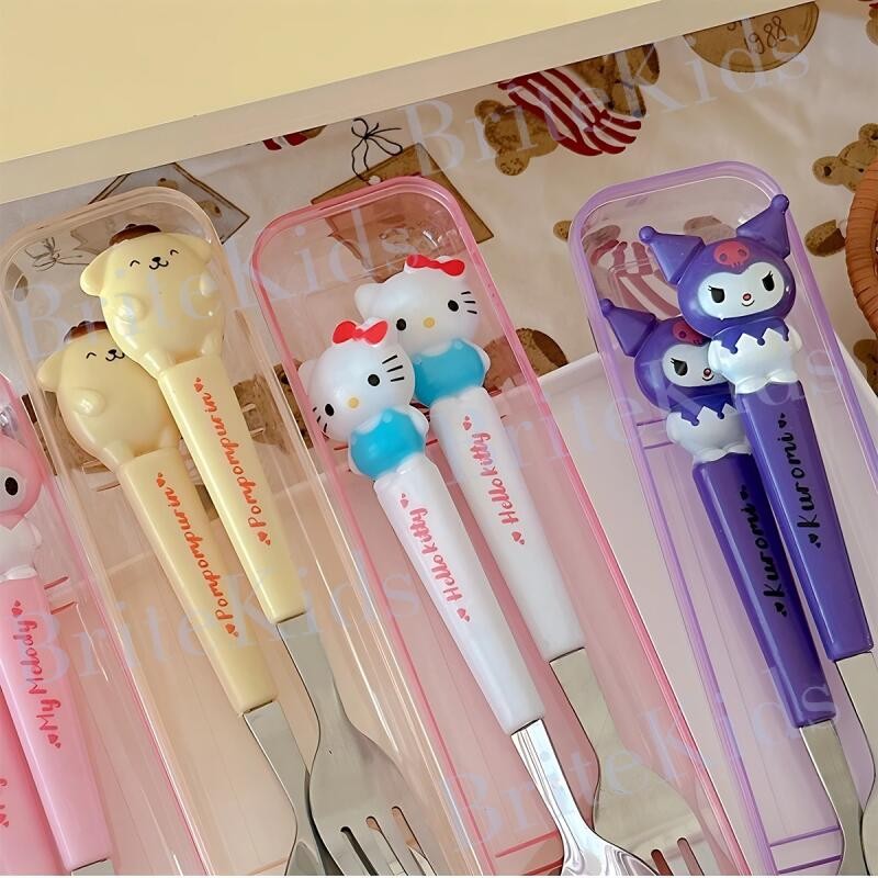 Kuromi Kids Stainless Steel Spoon Fork Set With Box Sanrio Cinnamoroll ...