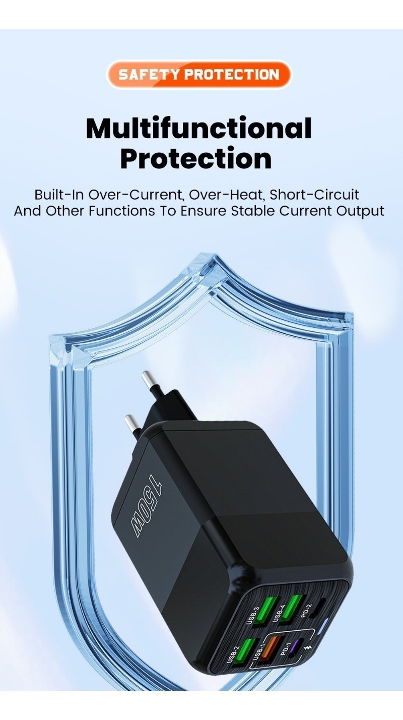 150W Quick Charger 6 port USB Type C PD Charger Fast Charger For ...