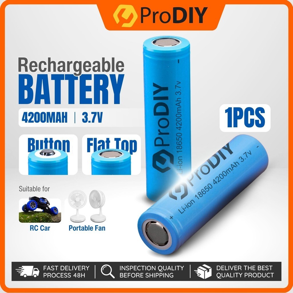 1PCS PRODIY Lithium Ion Battery 18650 Rechargeable 4200mAh 3.7V Flat ...