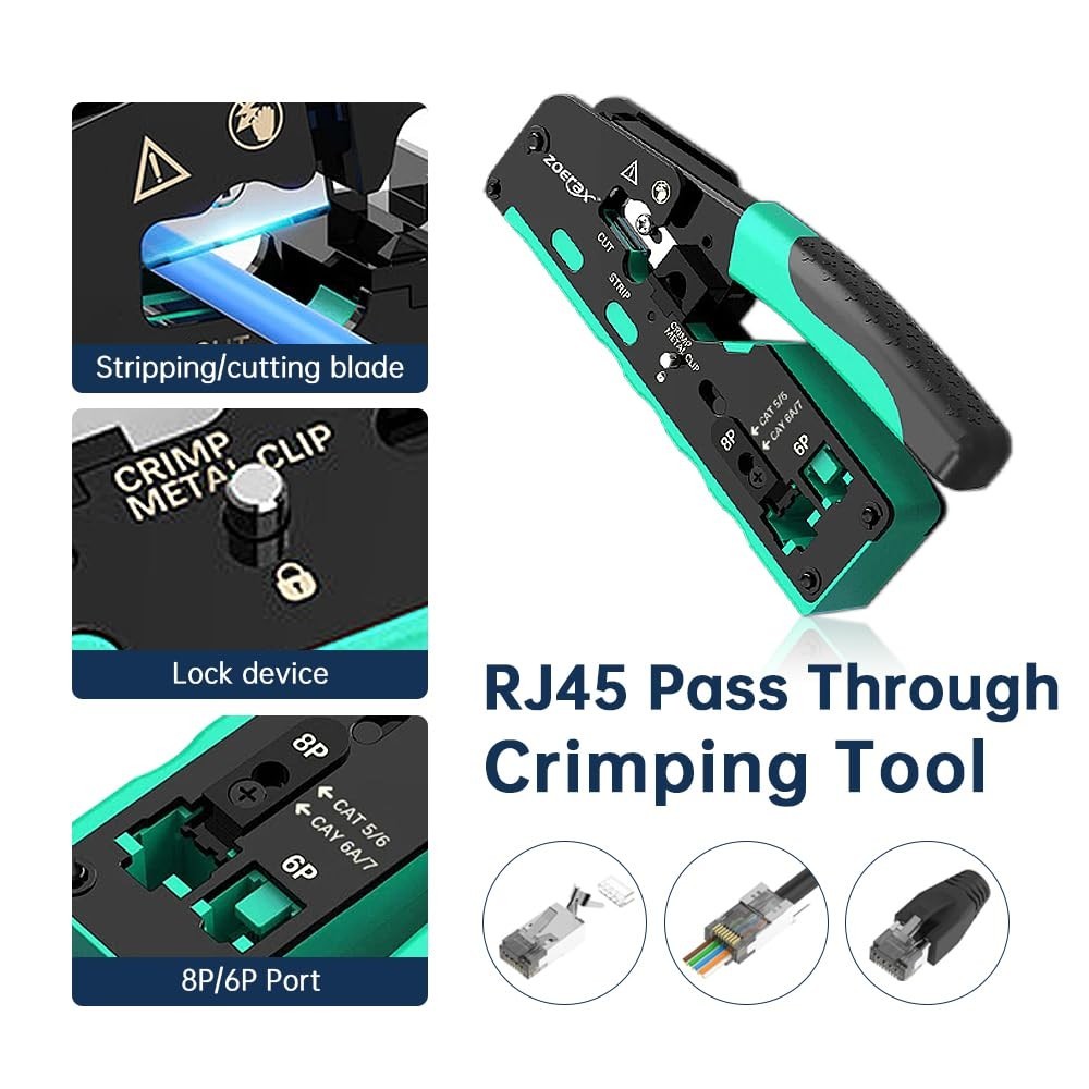 ZoeRax Pass Through RJ45 Crimp Tool with 10PCS Cat7 Connectors and ...