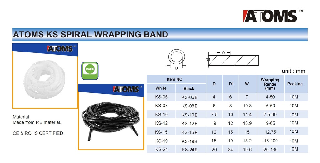 ATOMS Spiral Wrapping Band 19mm 24mm KS SWB Cable Wrapping Band Cable Wrap (10METER/ROLL ...
