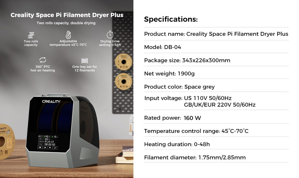 Creality Space Pi Plus Filament Dryer, 3D Printer Large Filament Drybox ...