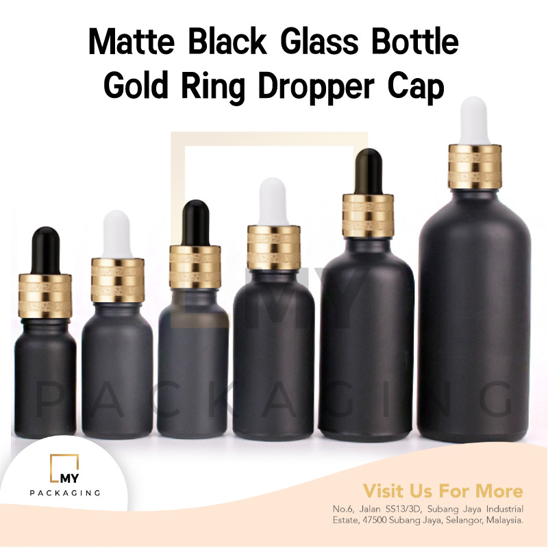 Matte Black Glass Bottle 10ml to 100ml + Sanded Gold Ring Glass Dropper ...