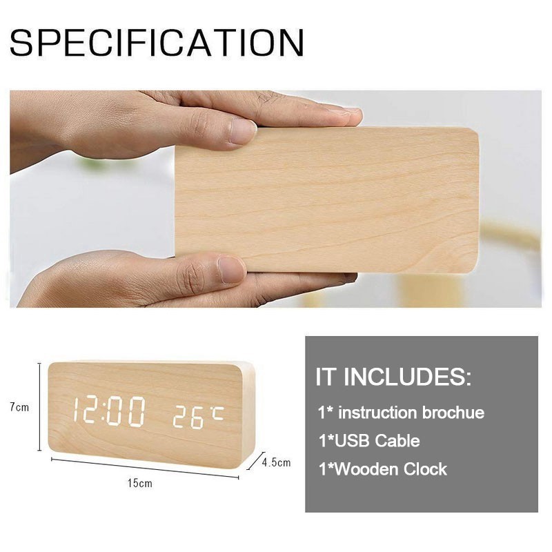 Desktop Clock Wooden LED USB Powered Digital Clocks Voice Control ...