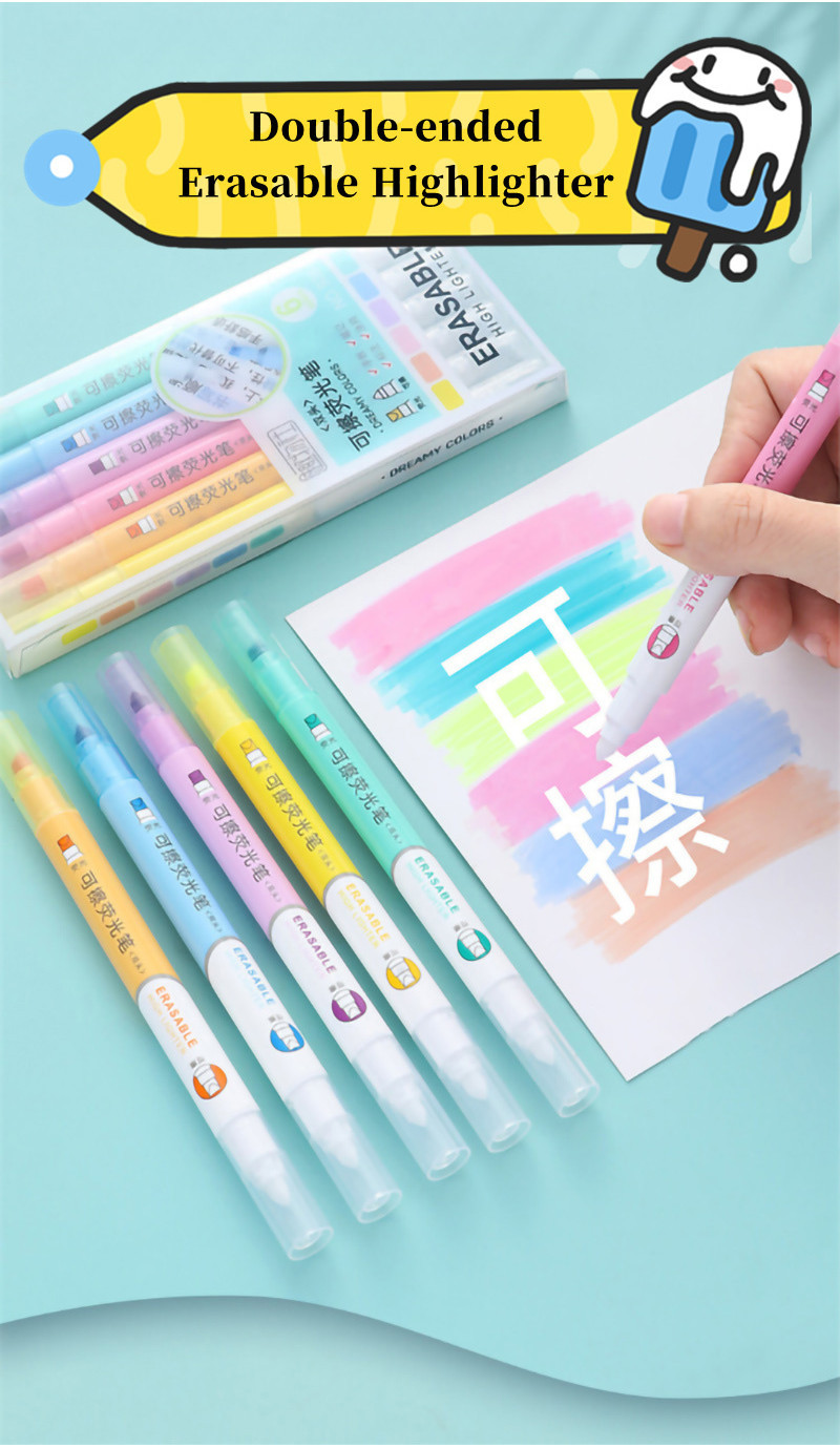 6 Colors Erasable Highlighters Set Double-Ended Pastel Markers for ...