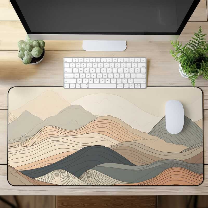 Boho Mountains Desk Mat, Minimalist Line Art, Unique Workspace, Cute ...