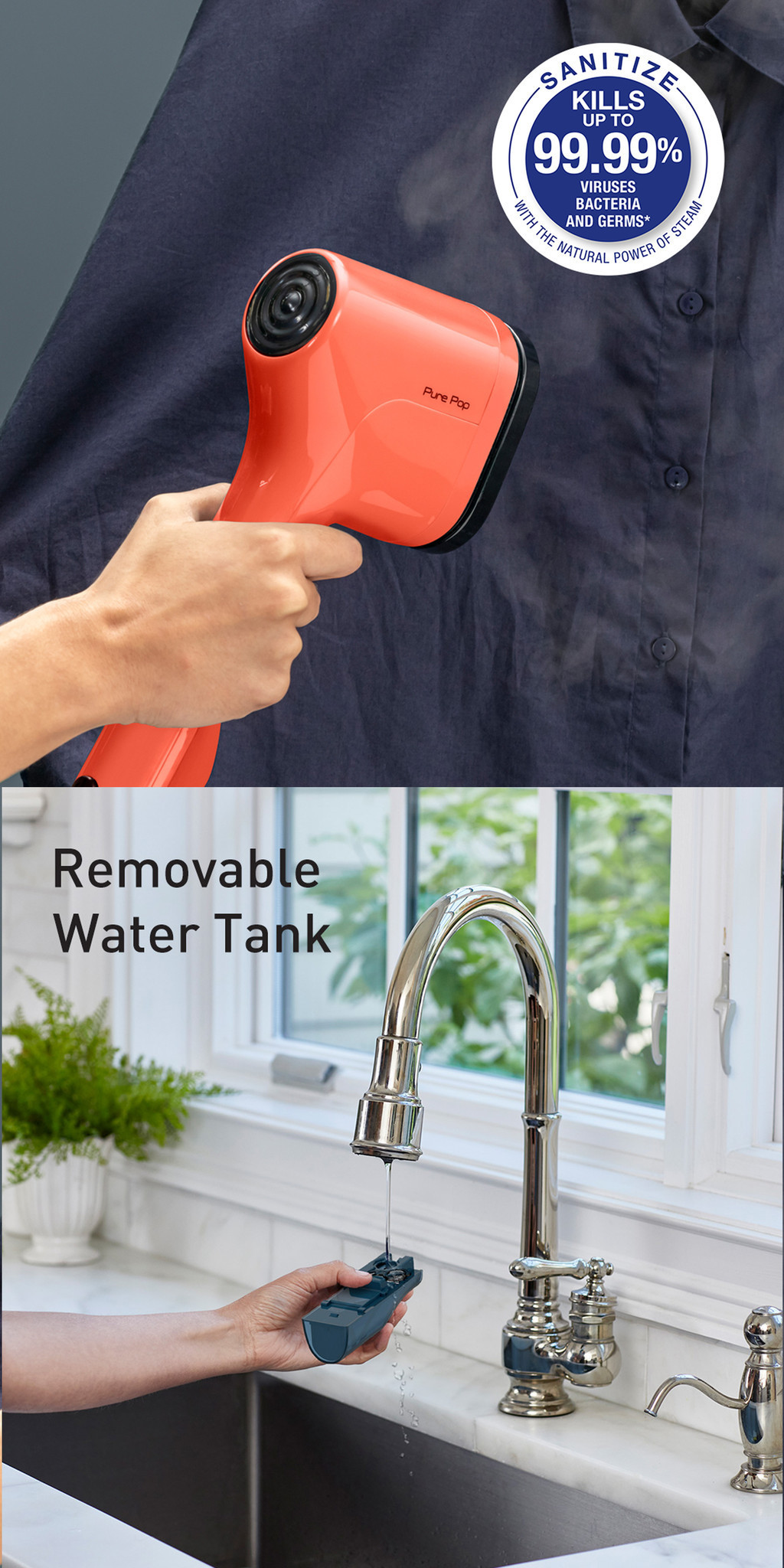 Tefal Pure Pop Handheld garment steamer Sanitize Natural Hygiene ...