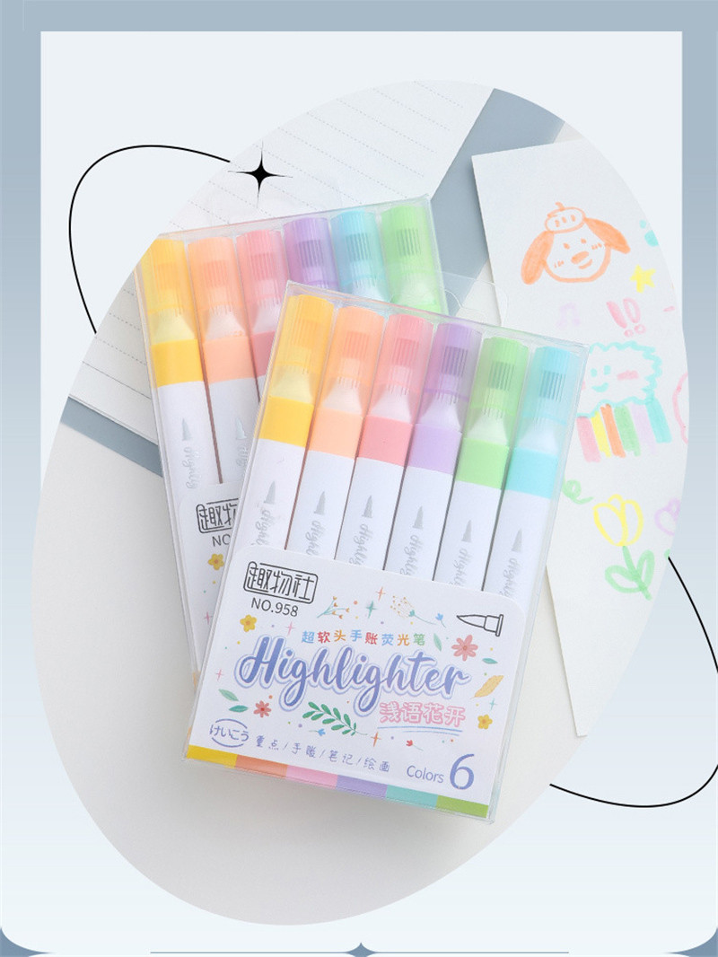 6 Colors Pastel Highlighters Set Soft Tip Bullet Journal Pens Study ...