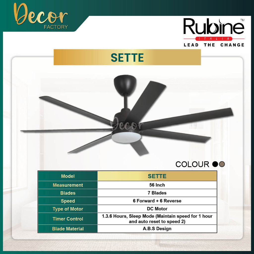 RUBINE Fan RUBINE SETTE 56" 7 Blades DC Motor 6 Speed + Reverse Remote ...