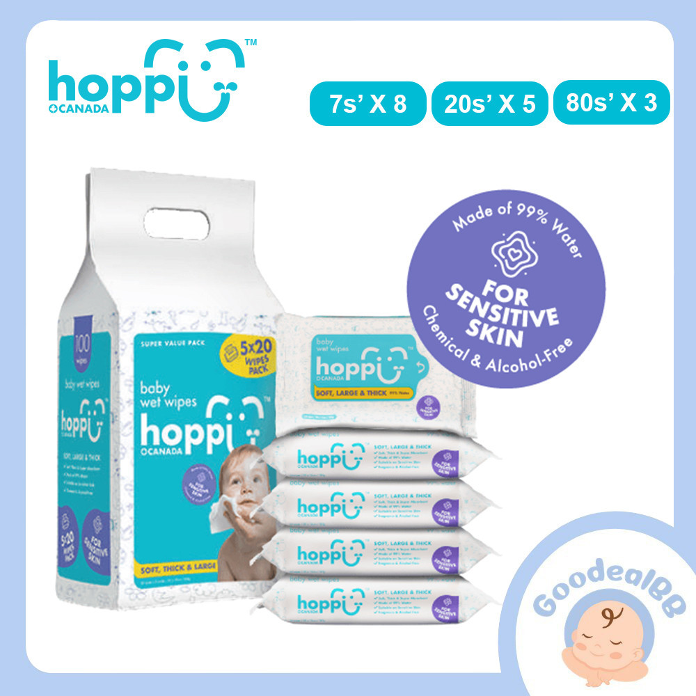 Hoppi Premium Baby Wet Wipes (7 Wipes x 8 Packs), (20 Wipes x 5 Packs ...