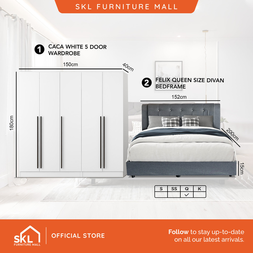🔥BEDROOM SET🔥 Queen Size Bed Frame / 5FT 3+2D Wardrobe/Divan Bed/Katil ...