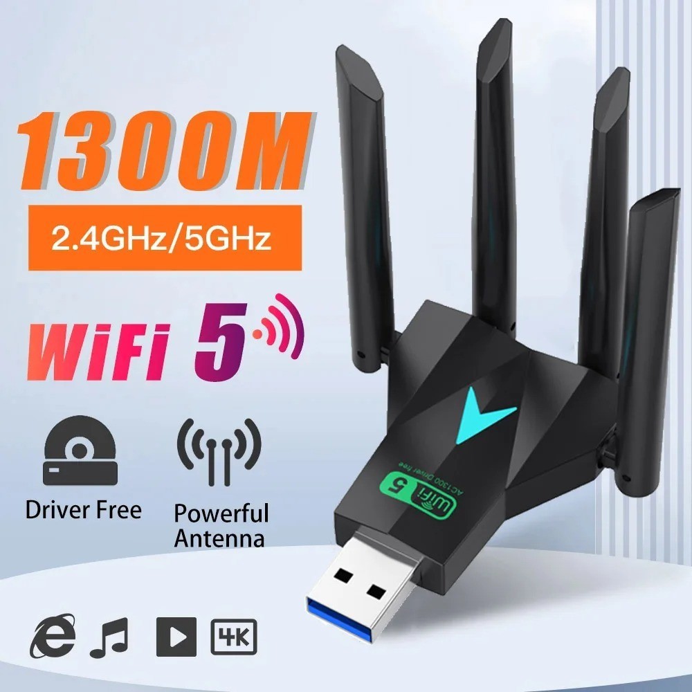 1300Mbps Usb Wifi 5 Adapter 4 Antennas Usb Network Card Driver Free Dual Band 2.4G/5Ghz Wireless ...