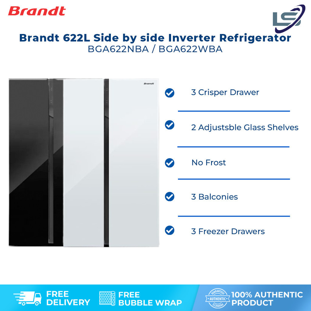 Brandt 622L Side by side Inverter Refrigerator BGA622NBA | Adjustsble Glass Shelves | Door Alarm ...
