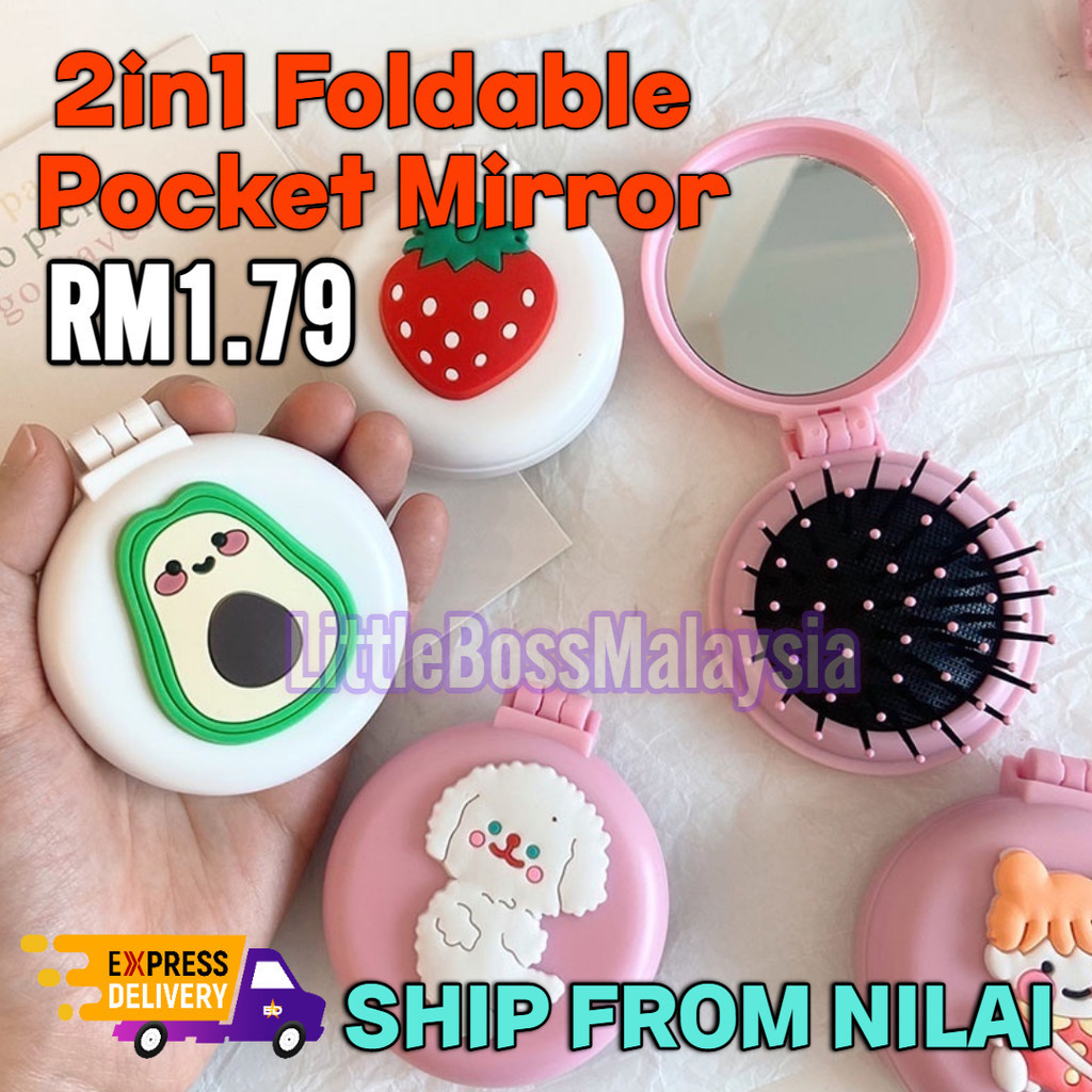 🔥𝑳𝑶𝑪𝑨𝑳 𝑺𝑻𝑶𝑪𝑲🔥𝟮 𝗜𝗡 𝟭 Foldable Pocket Mirror Hair Comb Cute Head Scalp ...