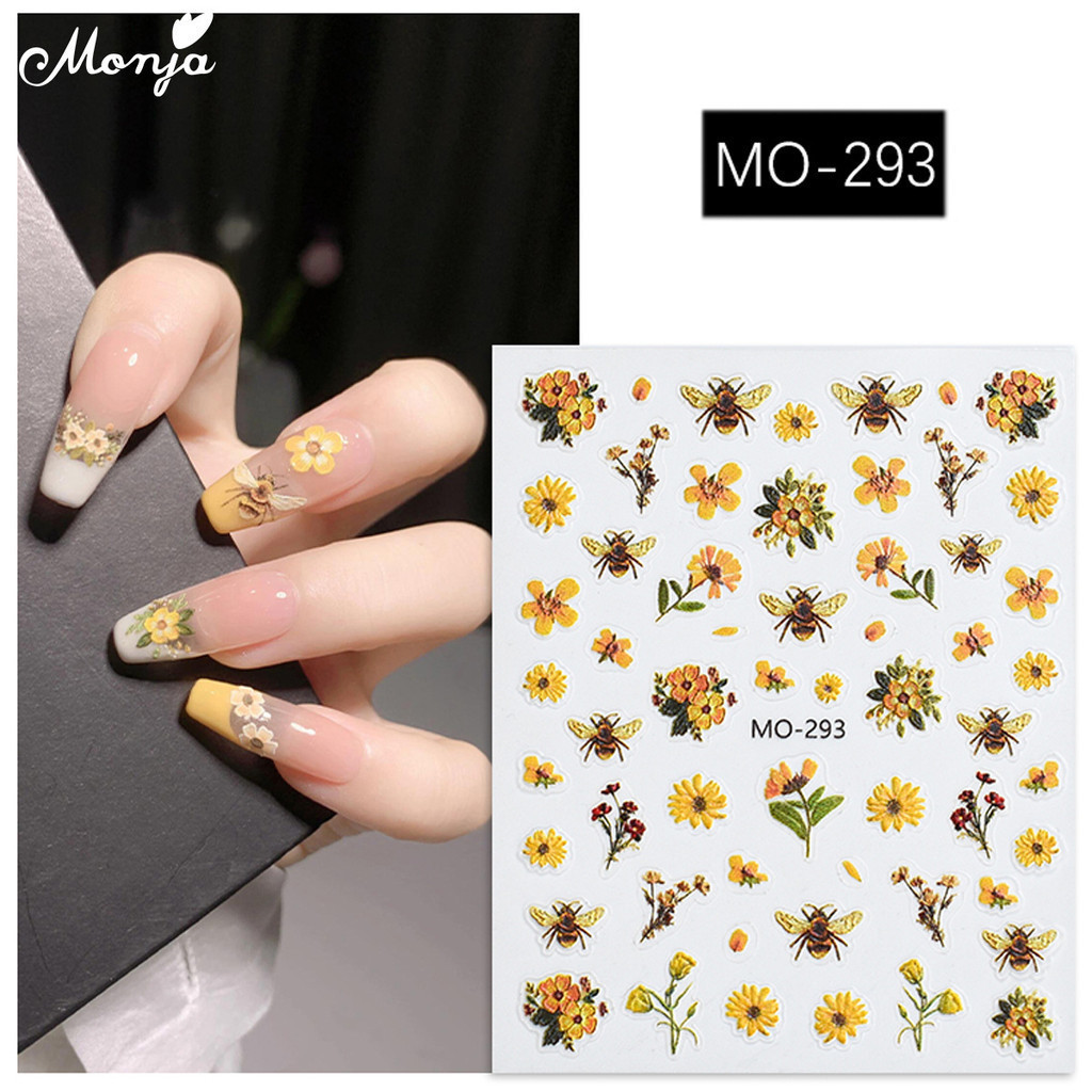 Monja 3D Embossed Yellow Flower Bee Nail Stickers Relief Self-adhesive ...
