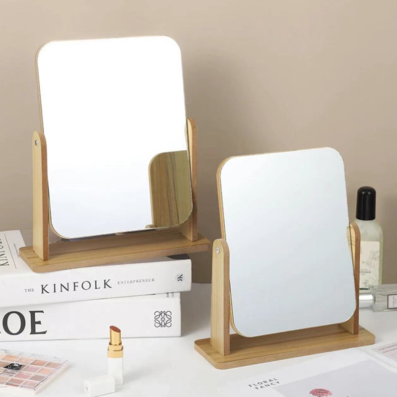 360 Degree Rotating Wooden Makeup Mirror Adjustable Angle Mini Desktop ...