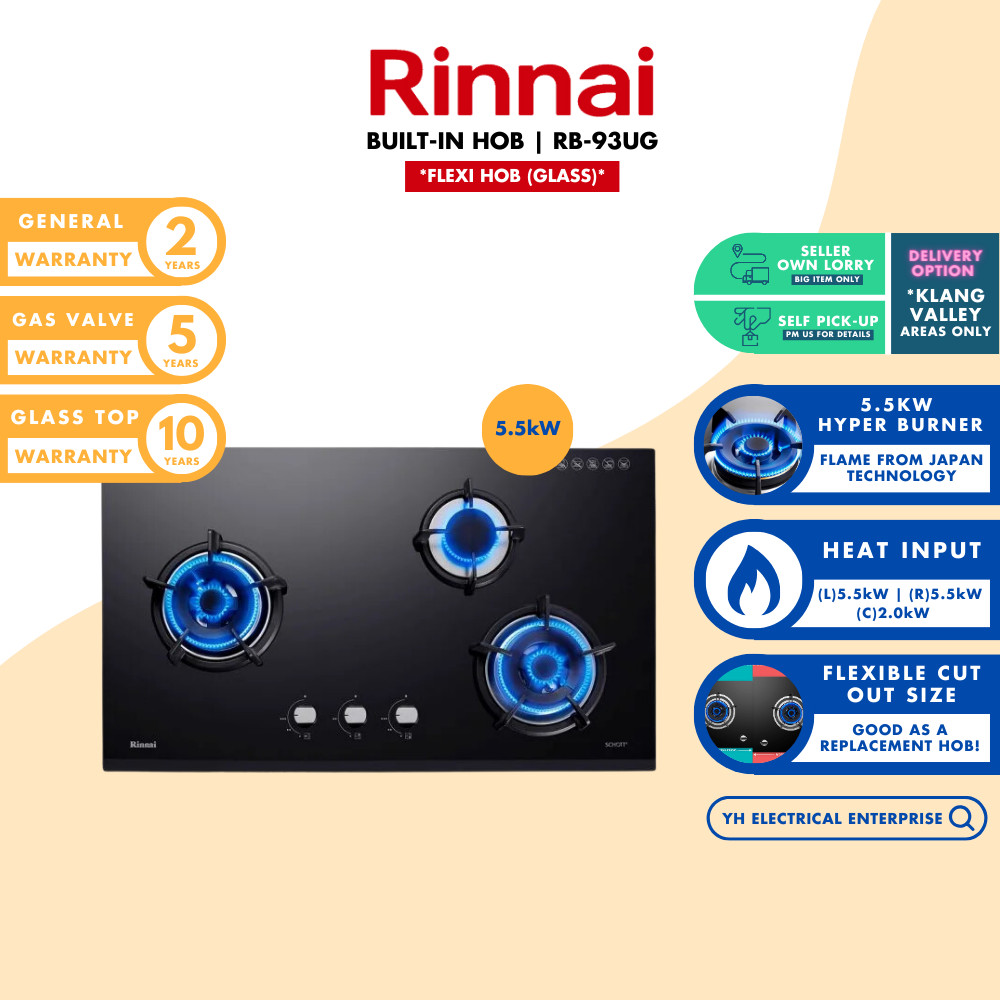 Rinnai 3-Burner 5.5kW Flexi Hob Built-in Gas Hob (Schott Glass Top) RB-93UG | Shopee Malaysia
