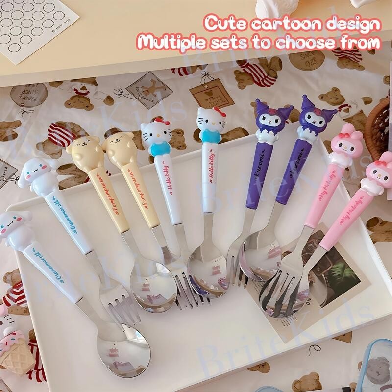 Kuromi Kids Stainless Steel Spoon Fork Set With Box Sanrio Cinnamoroll ...