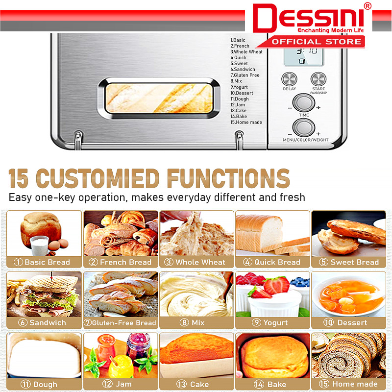 DESSINI ITALY 15-In-1 Programmes 1KG LCD Automatic Bread Maker ...