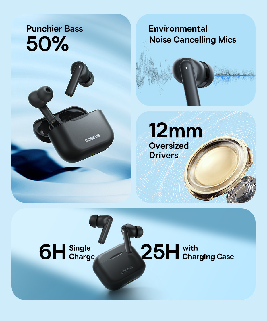 Baseus Bowie E17 True Wireless Bluetooth Dual-Mic ENC Punchy Bass Earphones with 25h Long ...