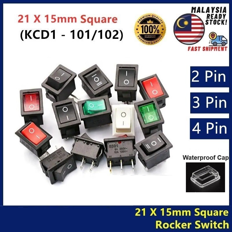 21 x 15mm Square Rocker Switch 2Pin / 3Pin ON OFF Switch 6A 250V / 10A ...