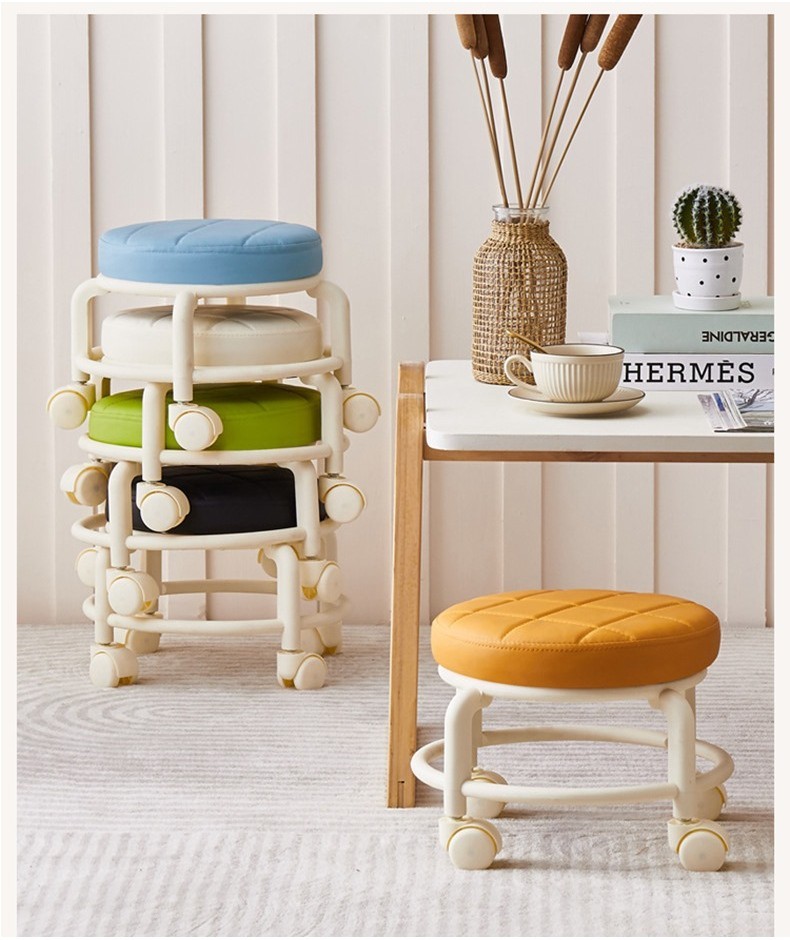 【ShopWithJoy】Small Chair Round Stool With Sofa Cushion Foot Pulley ...