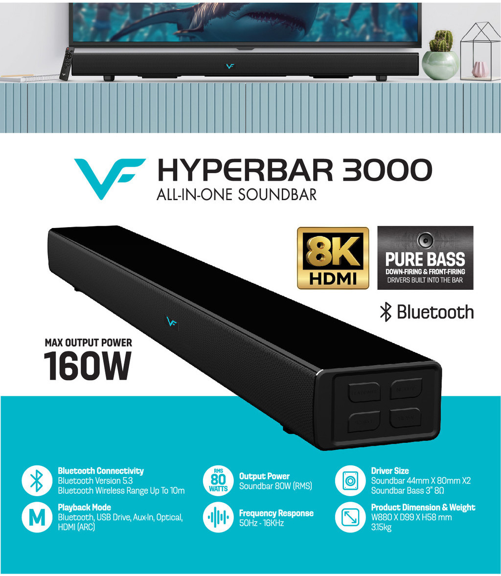 Vinnfier VF Hyperbar 3000 MAX 160W ALL-IN-ONE Home TV Soundbar Speaker ...