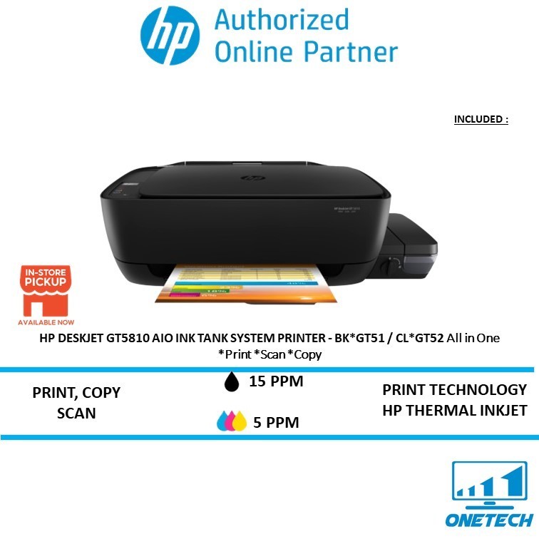 HP DeskJet GT5810 AIO Ink Tank System Printer - BK*GT51 / CL*GT52 ...