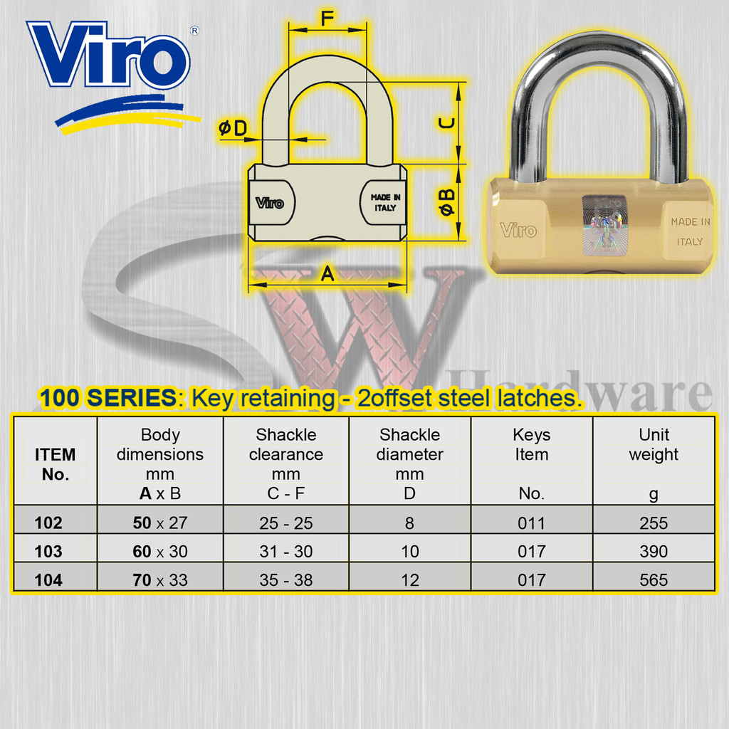 VIRO HEAVY DUTY BRASS CYLINDRICAL PADLOCK V102 V103 V104 50/60/70mm 3 ...