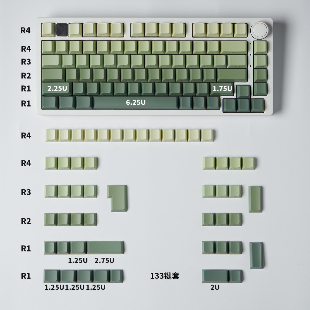 133 Keys Gradient Matcha Green keycaps Side print Light Through Double ...
