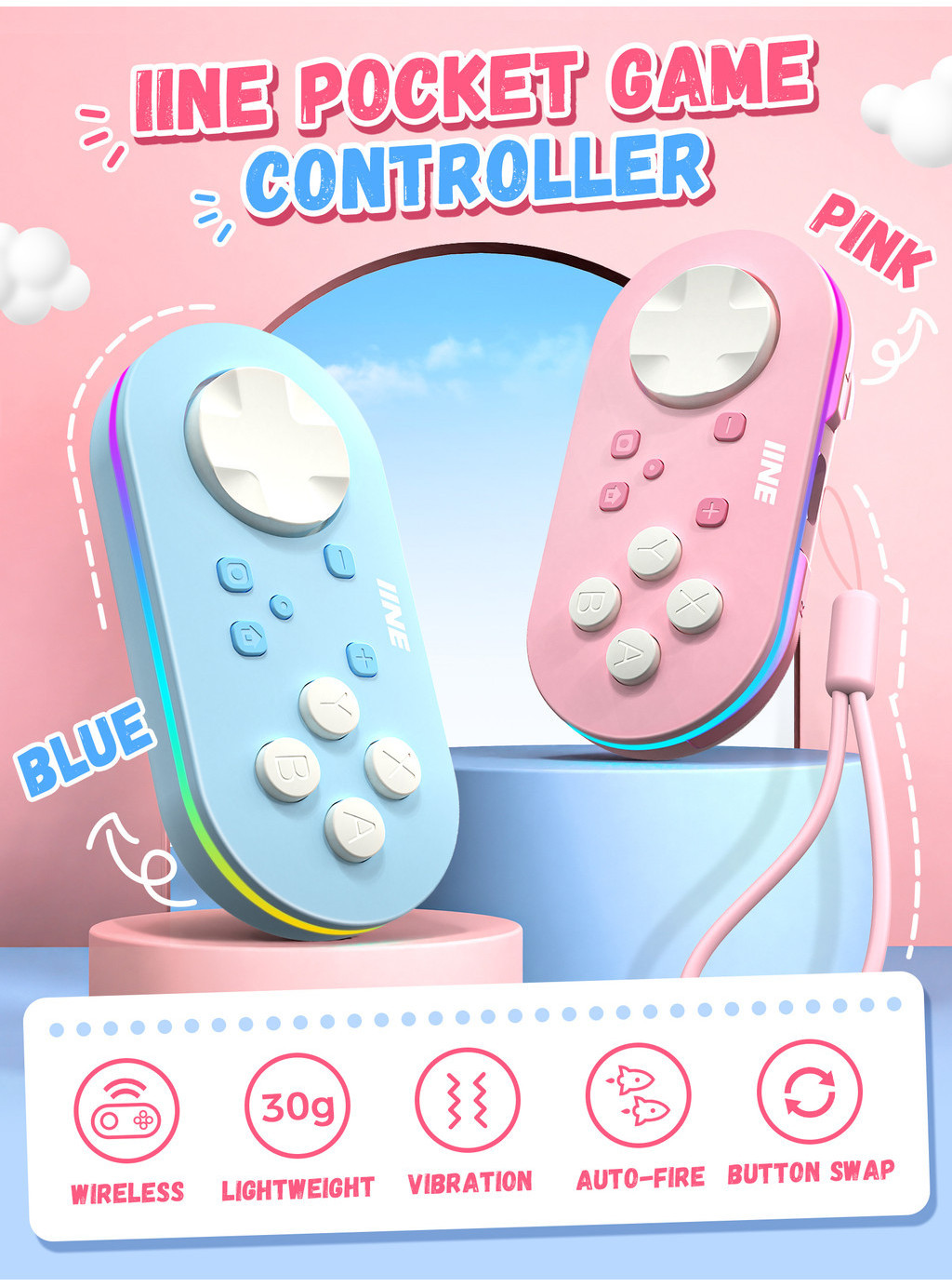 IINE Pocket Game Controller Auto-Fire Function RGB Lighting Mini ...
