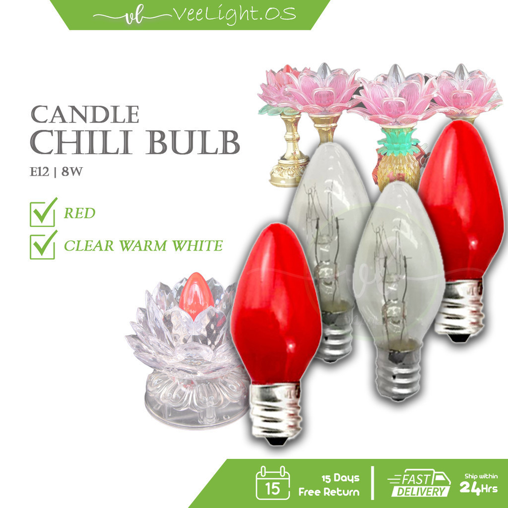 Candle Chili Bulb E12 240V ( RED / CLEAR ) Filament Incandescent Lamp ...