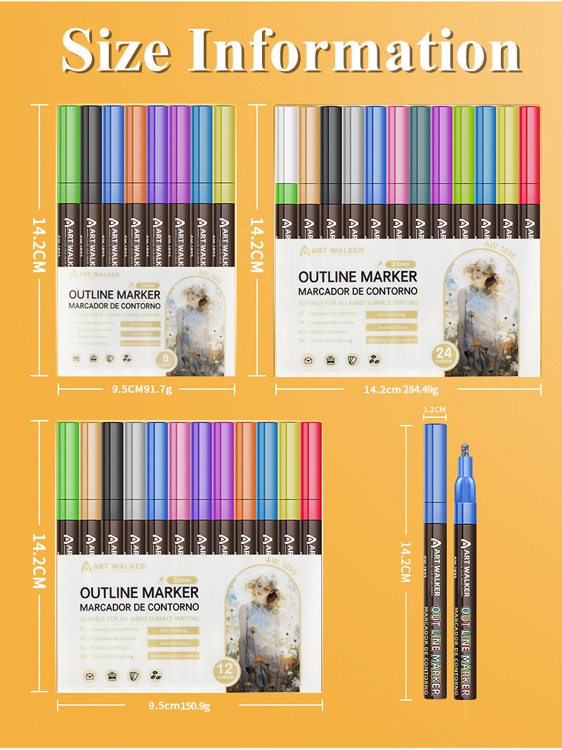 8/12/24 Colors Outline Marker Pen Set 2.0mm Double Line Pen Metallic ...