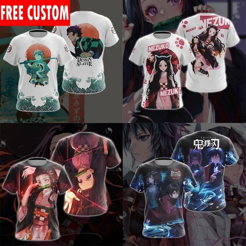 Demon Slayer: Kimetsu No Yaiba Anime Short Sleeves Tanjiro Nezuko Akaza ...