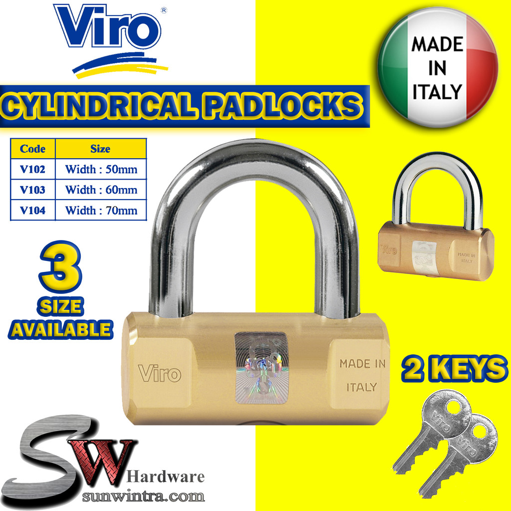 VIRO HEAVY DUTY BRASS CYLINDRICAL PADLOCK V102 V103 V104 50/60/70mm 3 ...