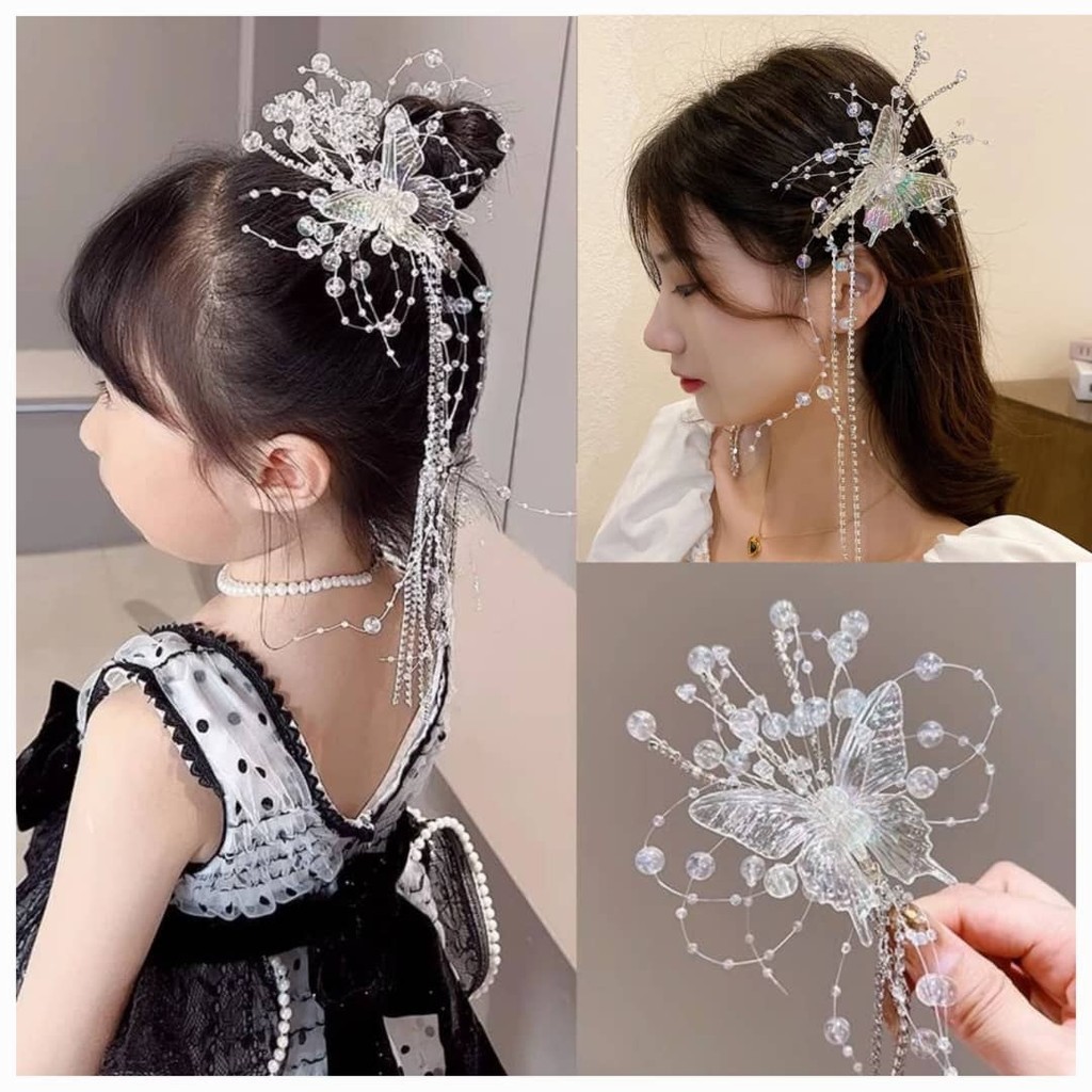 Butterfly Tassel Hair Clip Girls Crystal Mori Princess Elegant Hairclip ...