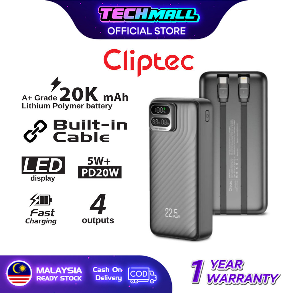 Cliptec MPB250 20000mAh 22.5W+PD20W Fast Charging Power bank with built ...