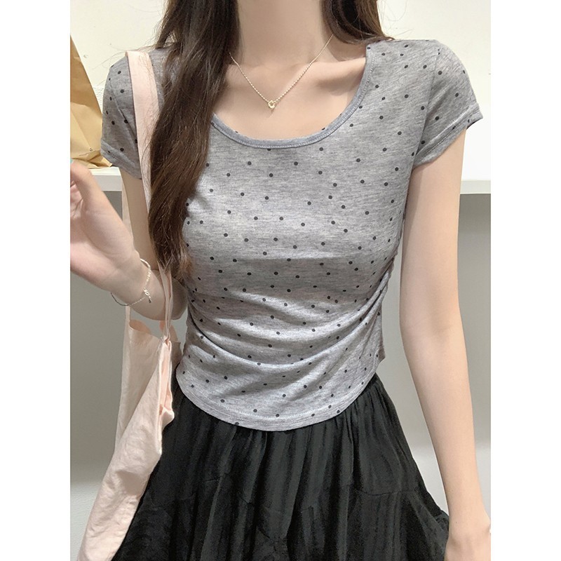72702 Genuine Shoulder Round Neck Polka Dot Short Sleeve T-Shirt ...