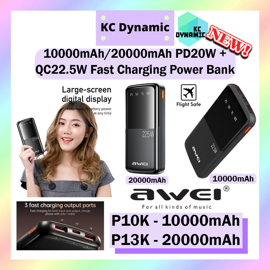 Awei P10K 10000mAh P13K 20000mAh PowerBank 20W 22.5W Powerbank PD+QC ...
